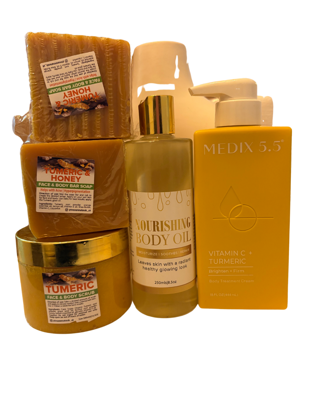 Skin Glow Set :2 Tumeric soap +1 Tumeric scrub + Body Oil and Medix ...